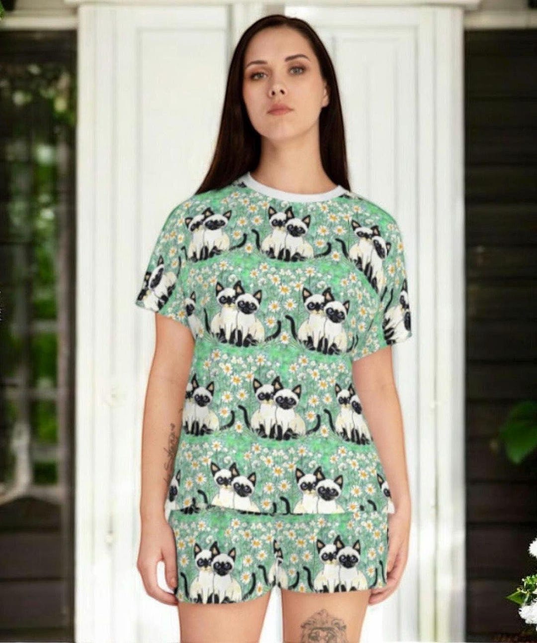 Siamese Cat Pajama Set for Women With Pastel Floral Print | Kawaii Cat ...