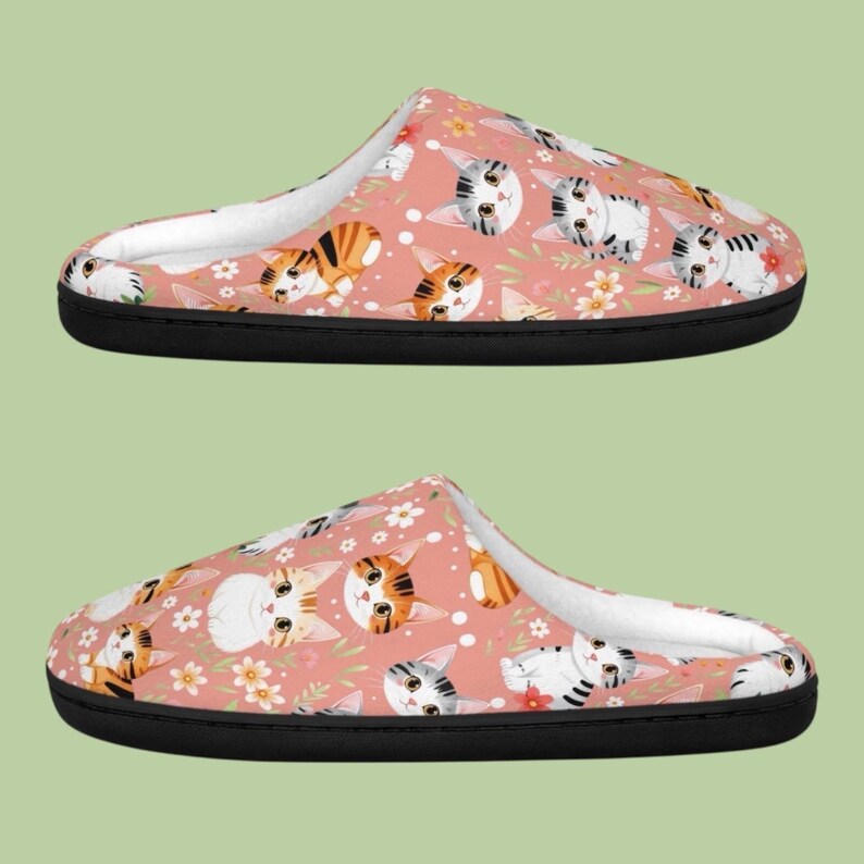 Pink Cat Print Womens Slippers, Cozy Indoor House Shoes With Cute Tabby ...