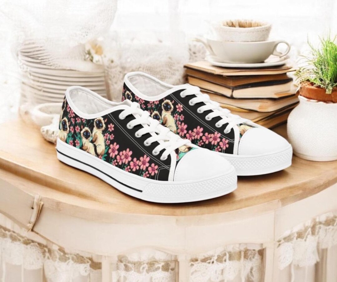 Siamese Cat Sneakers for Women With Cute Kitten Design, Floral Canvas ...