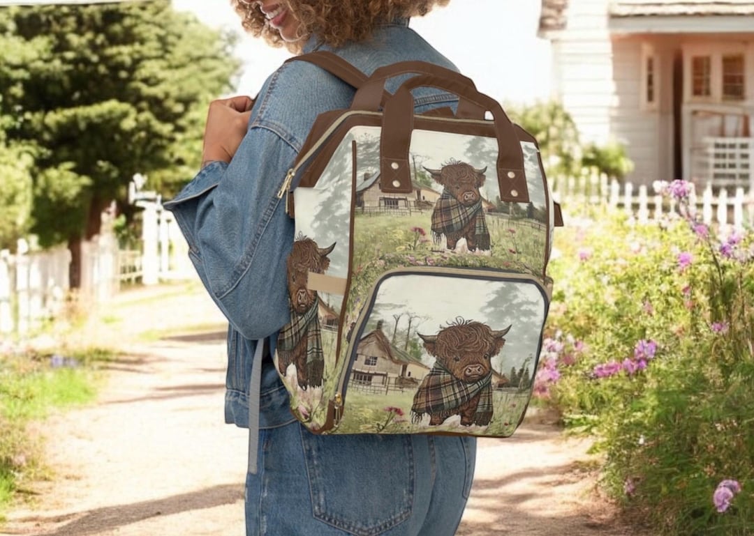 Cute Highland Cow Backpack With Brown Calf in Plaid Scarf, Farmcore ...