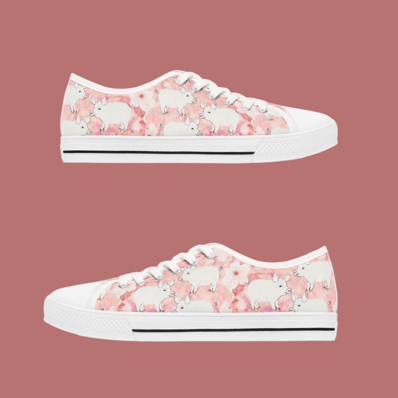 Pink Pig Sneakers Women’s Canvas Shoes, Cute Pastel Piggy Floral Low ...