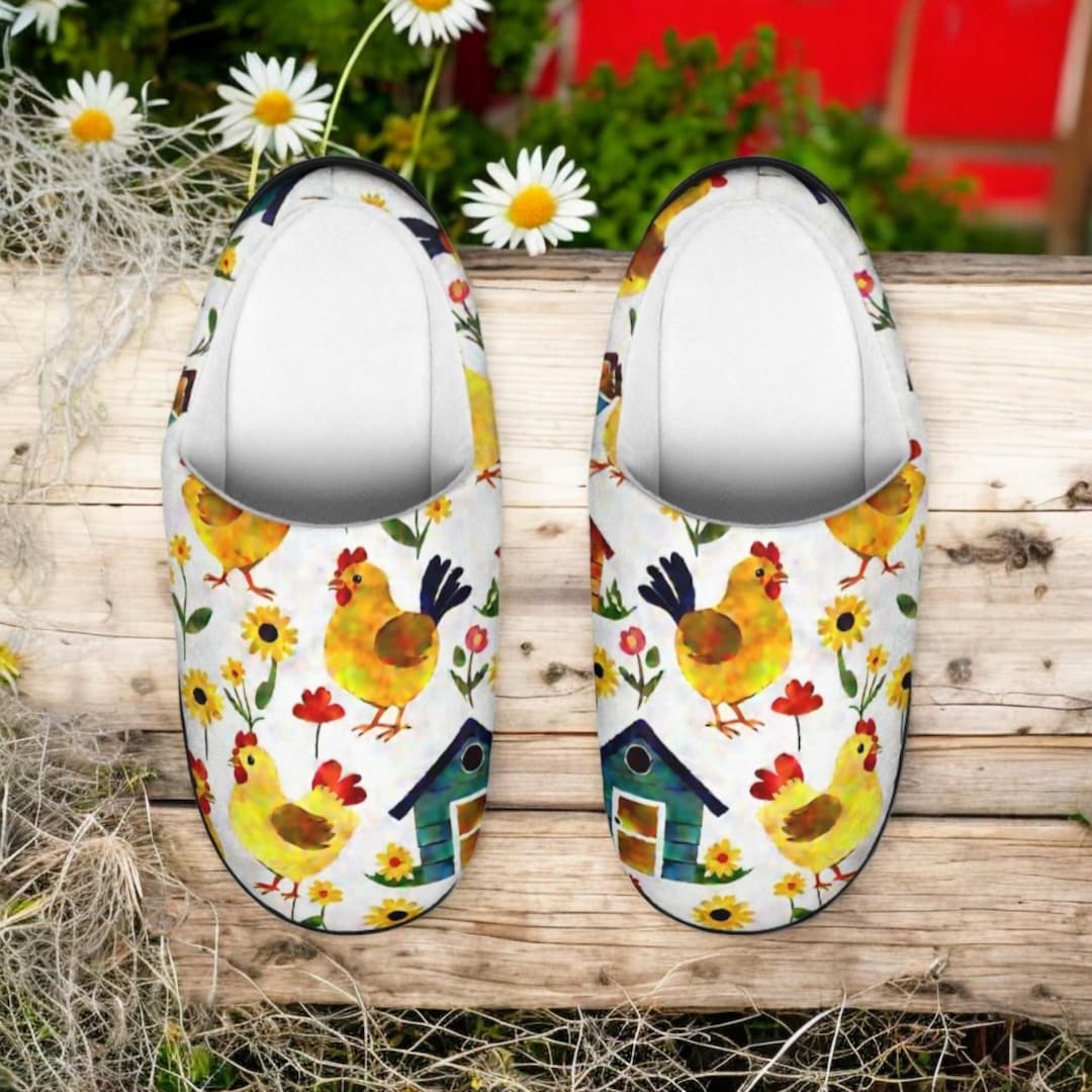 Chicken and Floral Slippers for Women – Yellow Hen Print House Shoes ...