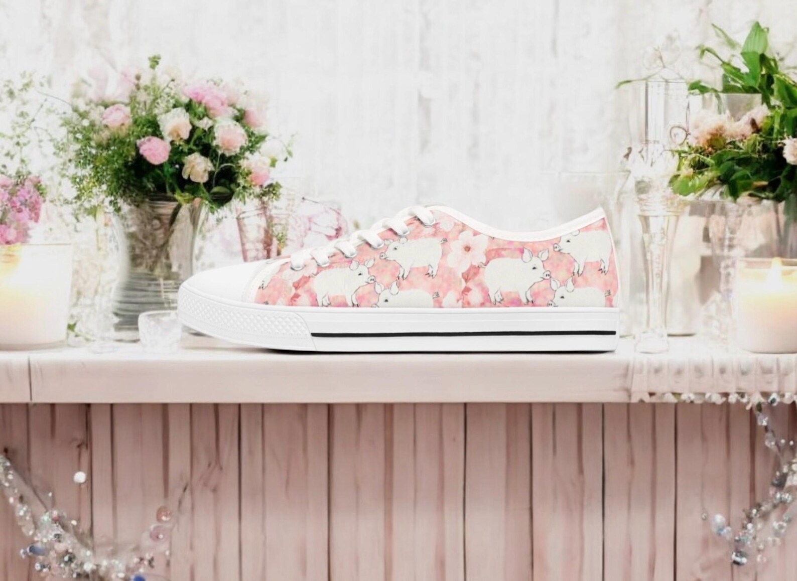 Pink Pig Sneakers Women’s Canvas Shoes, Cute Pastel Piggy Floral Low ...