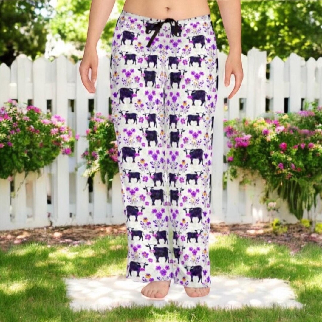 Cow Print Pajama Pants for Women - Purple Floral Farmcore Sleepwear ...