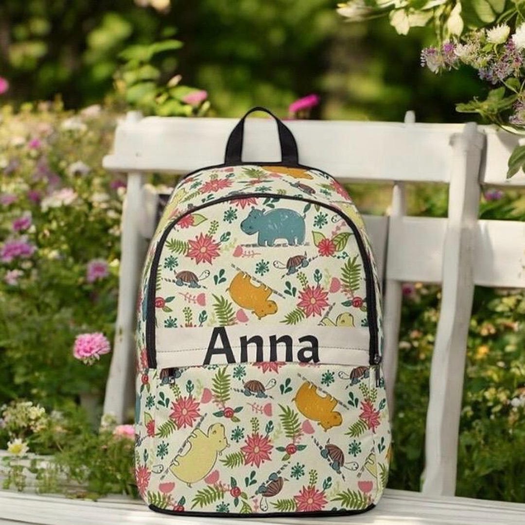 Cute Hippo Artful Pastel Design Monogram Option Kids Full Size Backpack ...