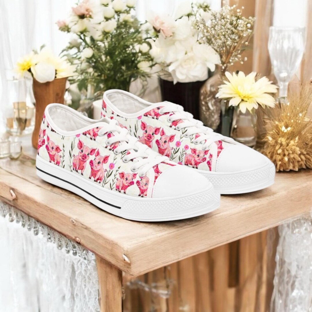 Pig Sneakers for Women, Floral Pig Print Canvas Shoes, Farm Animal ...