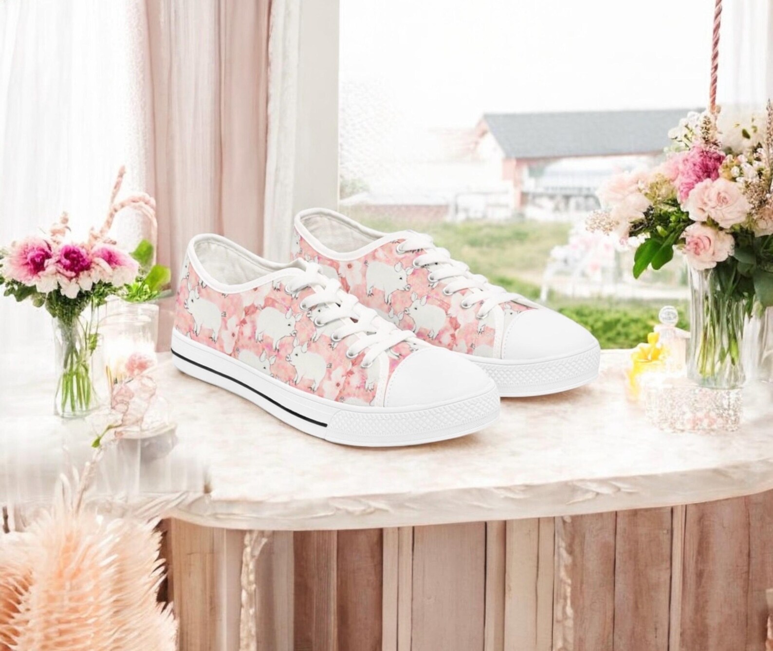 Pink Pig Sneakers Women’s Canvas Shoes, Cute Pastel Piggy Floral Low ...