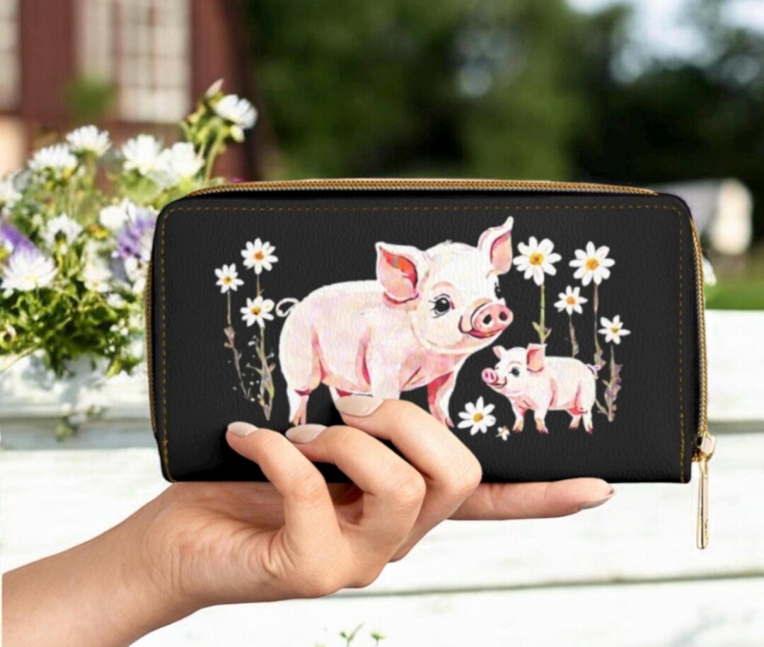 Pink Pig Vegan Leather Wallet With Daisy Artwork Zip Around Clutch - Etsy