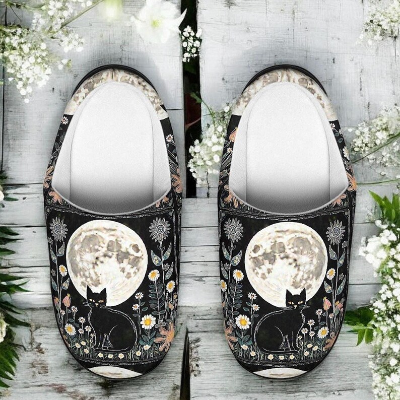 Celestial Witchy Black Cat Slippers for Women - Moon & Floral Print ...