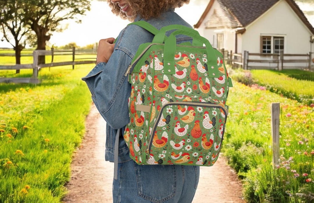 Farmhouse Chicken Backpack Green Floral Hen Rooster Print Bag, Country ...