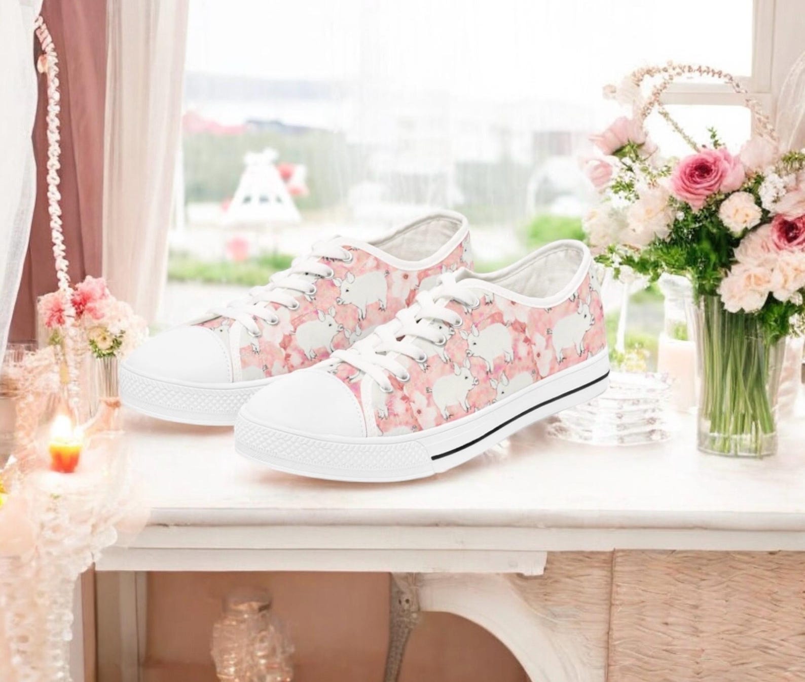 Pink Pig Sneakers Women’s Canvas Shoes, Cute Pastel Piggy Floral Low ...