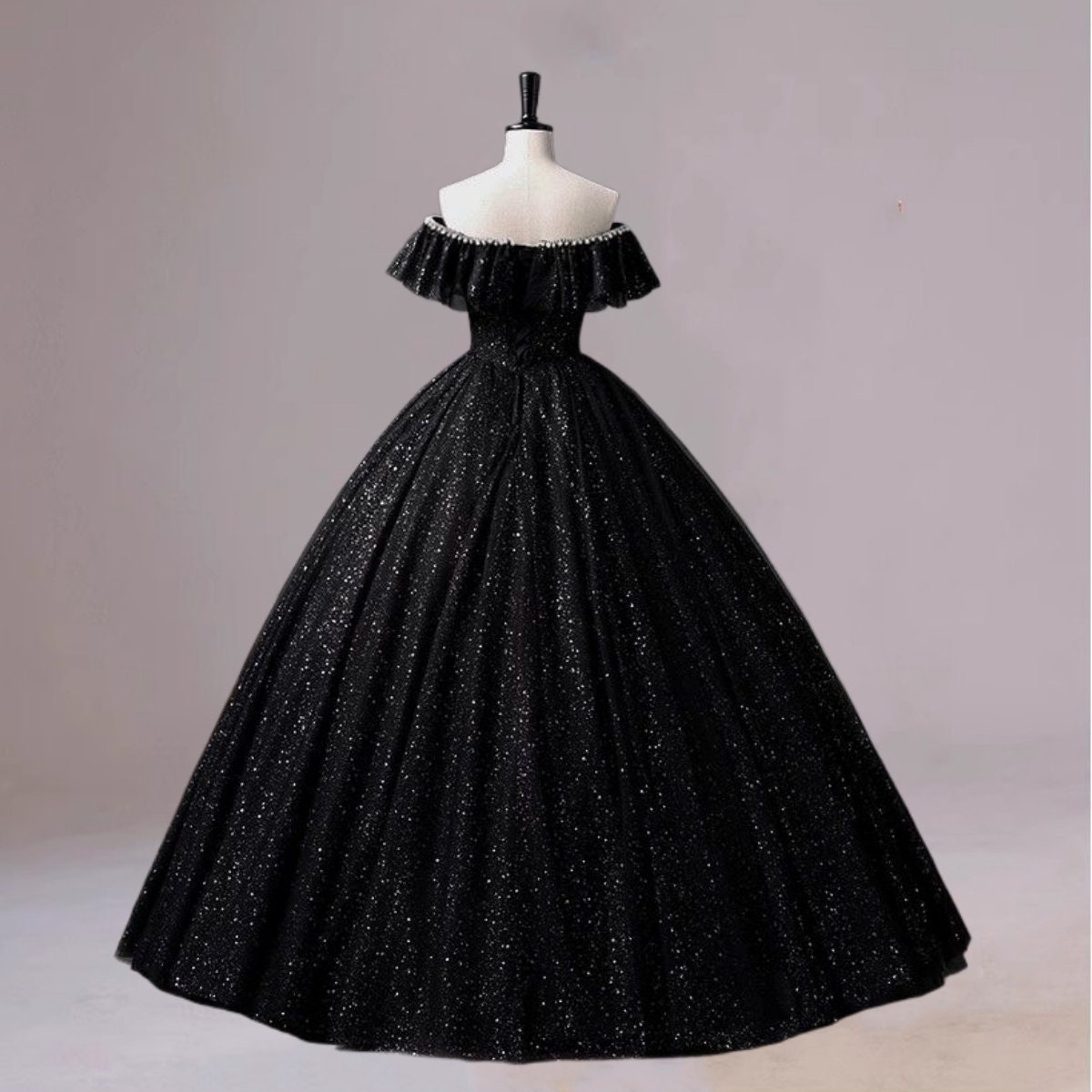 Starry Glitter Black Princess Dress, Elegant Prom Dress, Vintage Floor ...