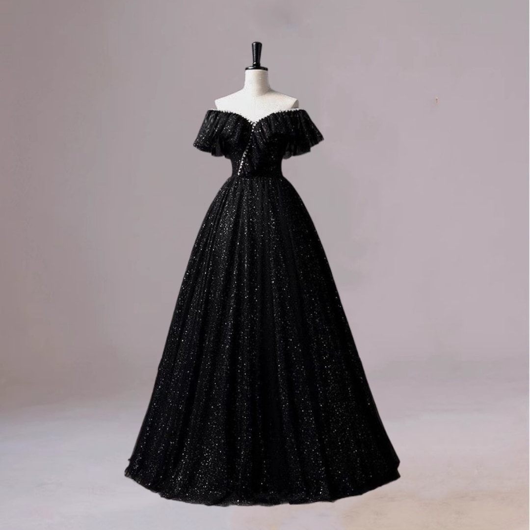 Starry Glitter Black Princess Dress, Elegant Prom Dress, Vintage Floor ...