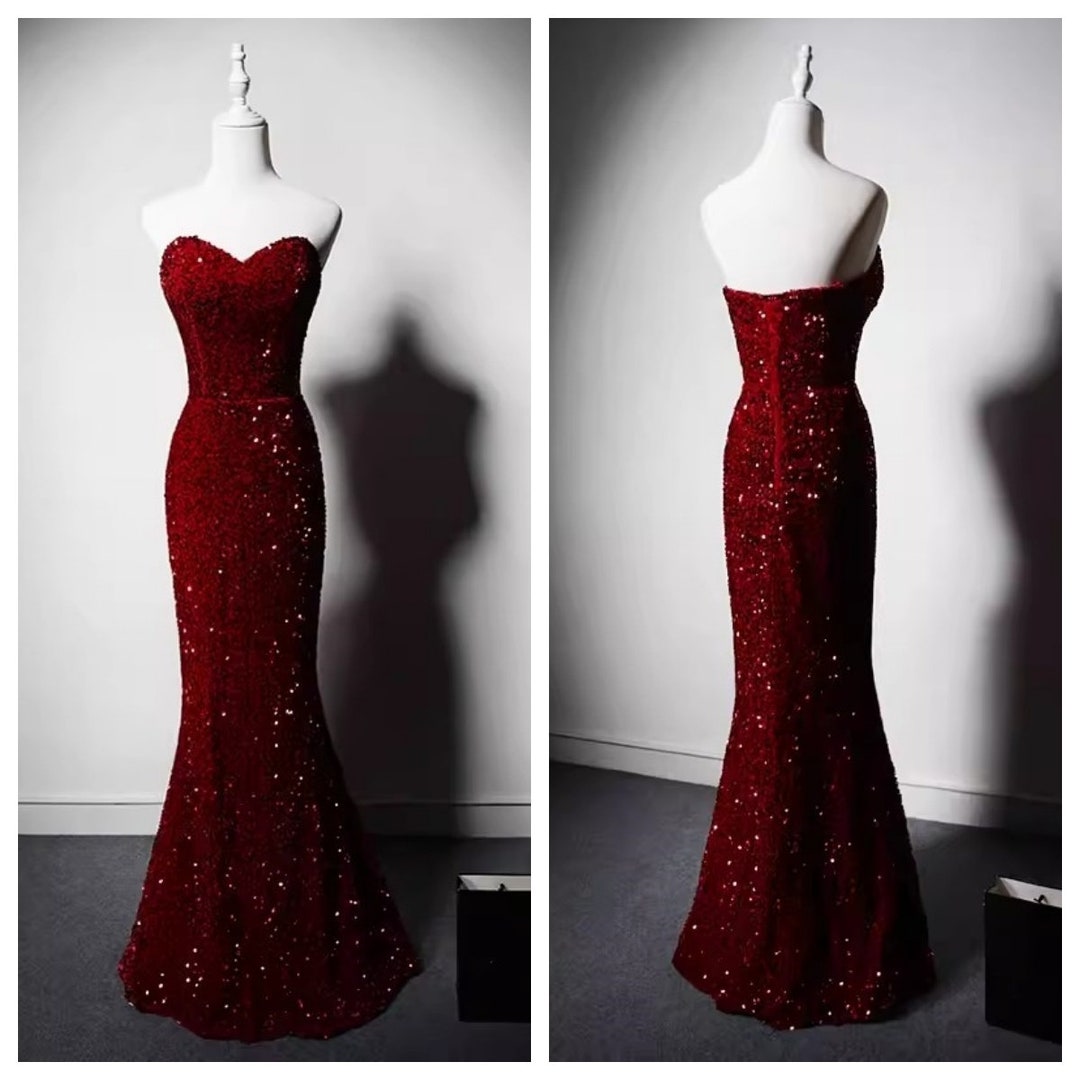 Sparkly Sequined Wine Red Prom Dress, Mermaid Dress, Gorgeous Birthday ...