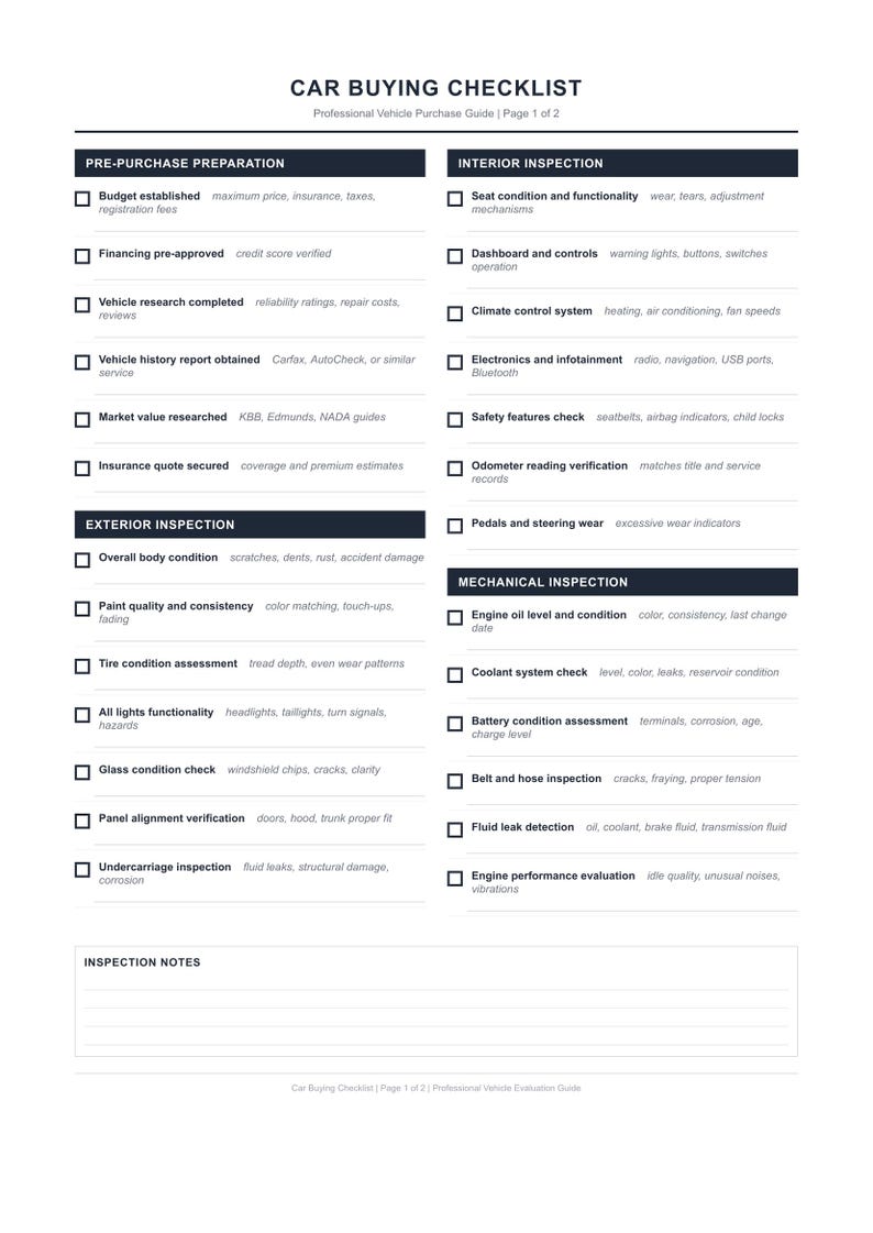 Car Buying Checklist Printable PDF | Used Car Inspection Guide | Car ...