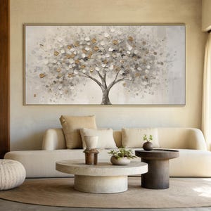 Large Tree of Life Wall Art, Grey Canvas Abstract Painting, Flower Tree ...