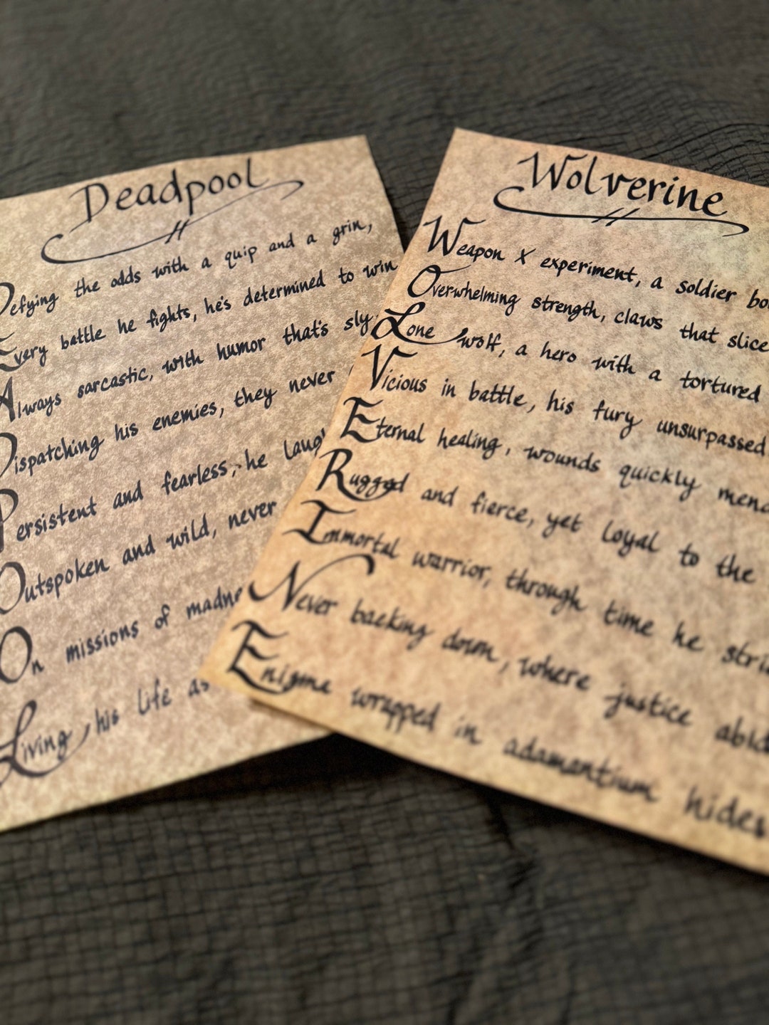Poema de Wolverine y Deadpool: Regalo en pergamino con caligrafía hecha ...