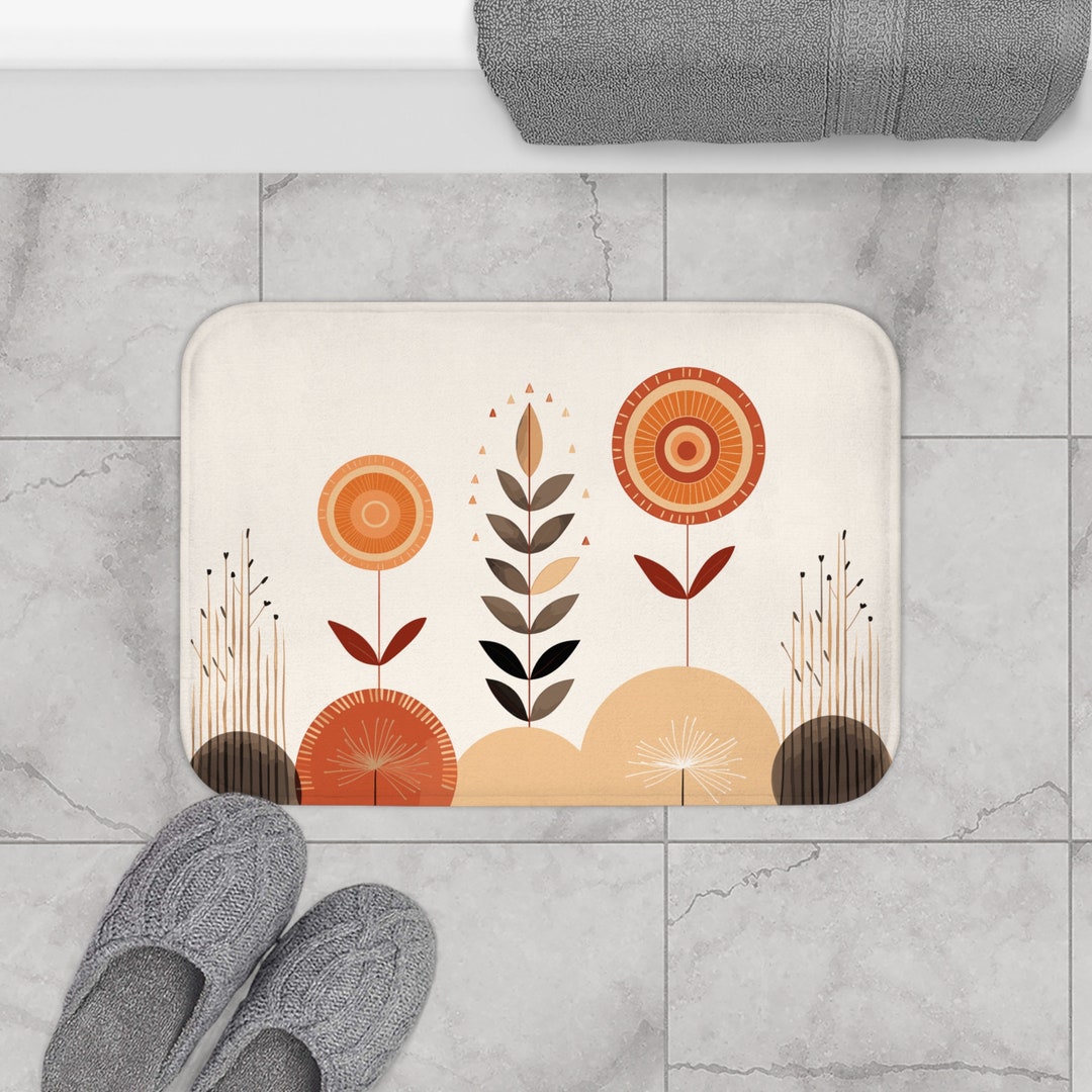 Modern Boho Aesthetic Geometric Print Bath Mat Minimalist Terracotta ...