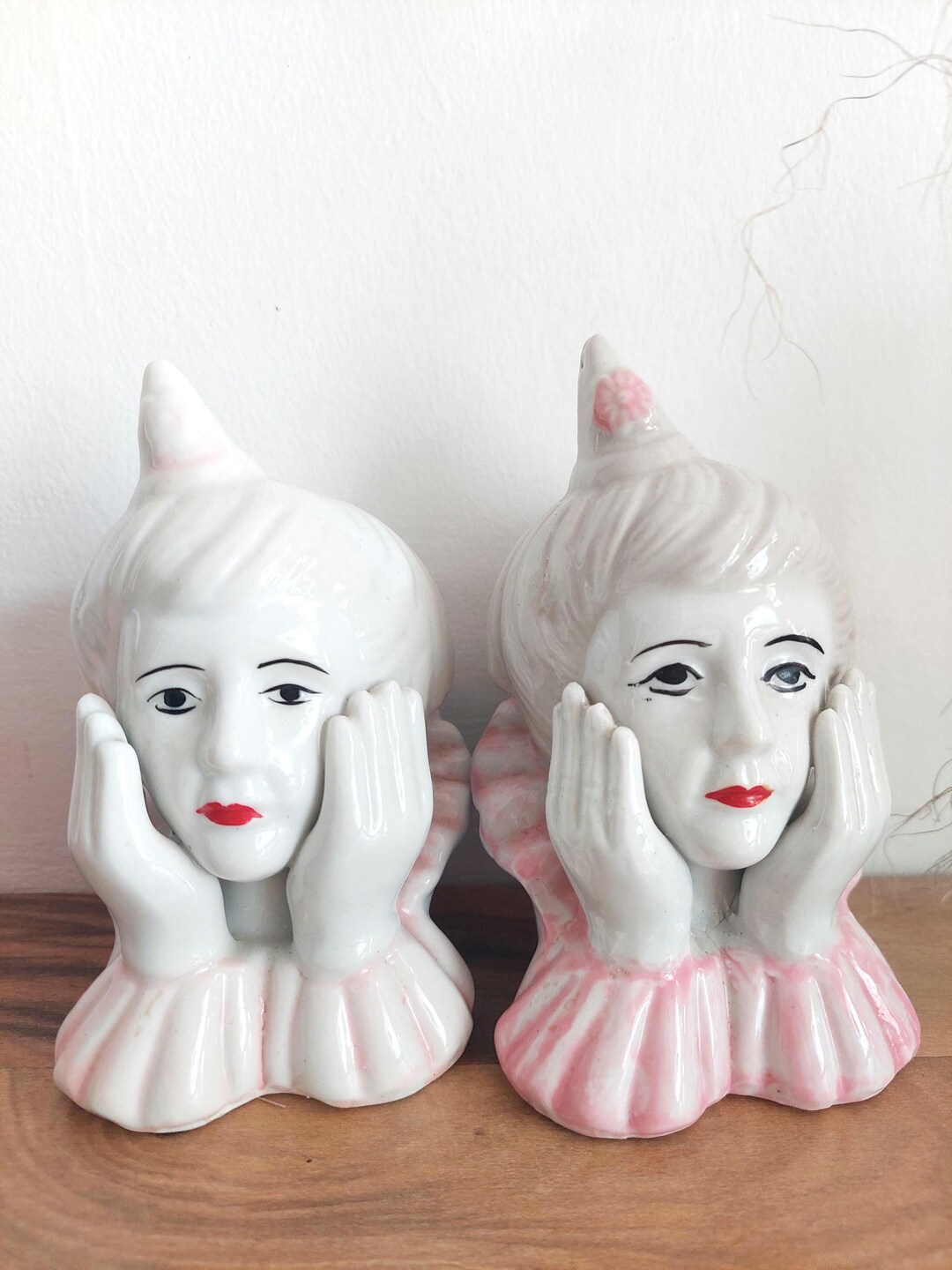 1980s Porcelain Figurine Busts | Clownish Woman Face in Hands - Etsy