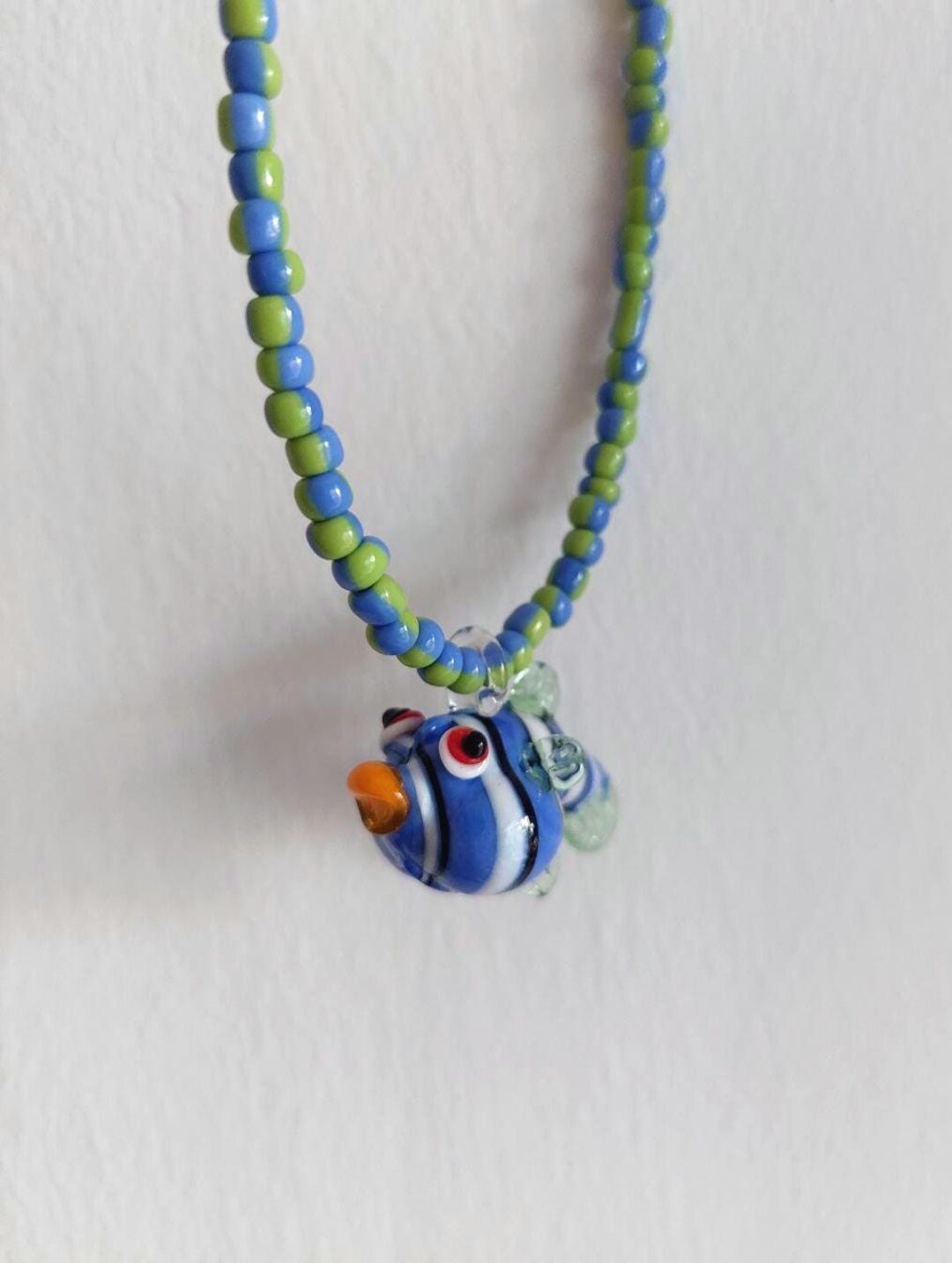 Handmade Glass Fish Charm Puffer Fish Green and Blue Glass Beads ...
