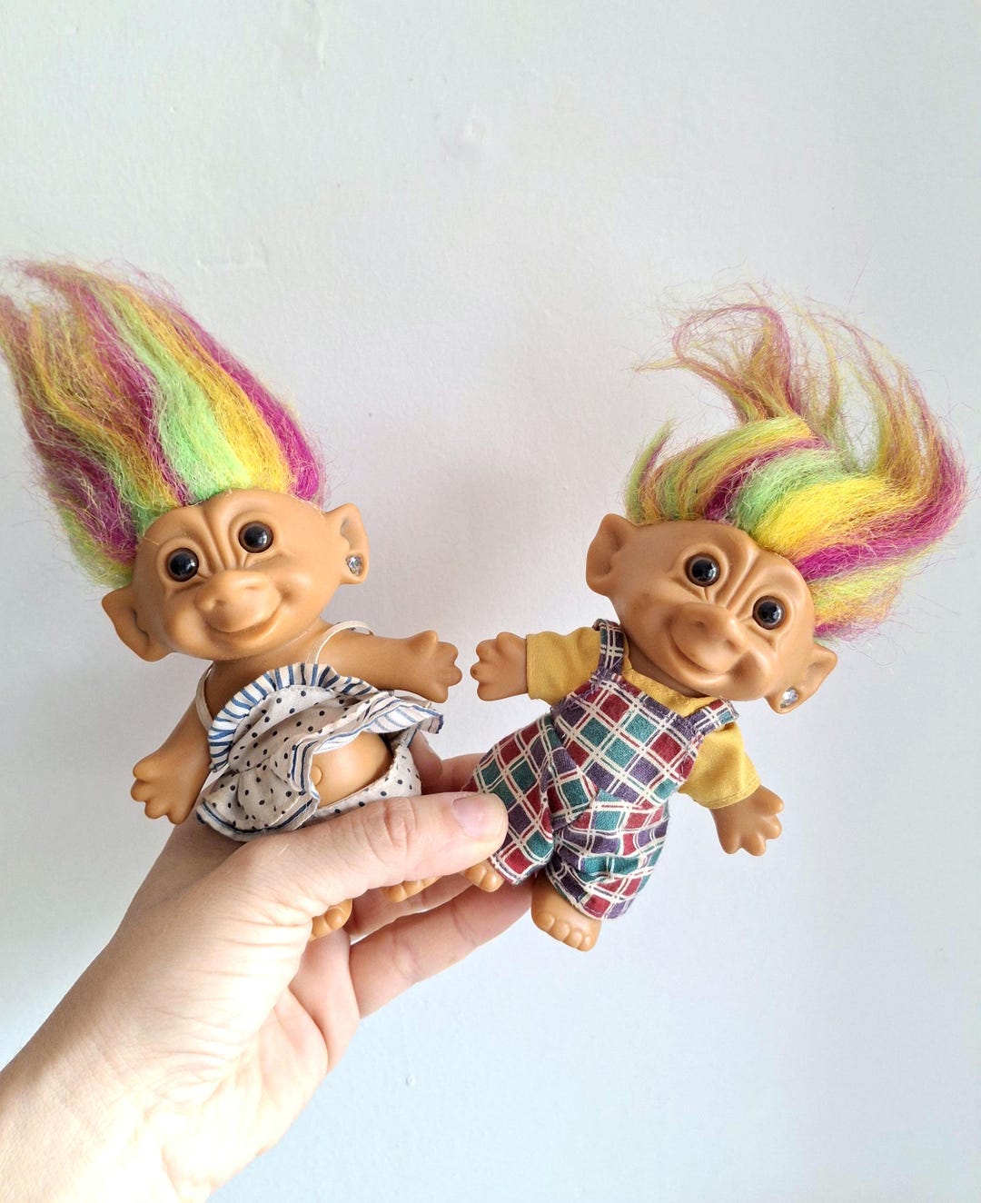 Vintage 1980s Troll Doll | Rainbow Hair, Tartan Dungarees, 4.5" - Etsy
