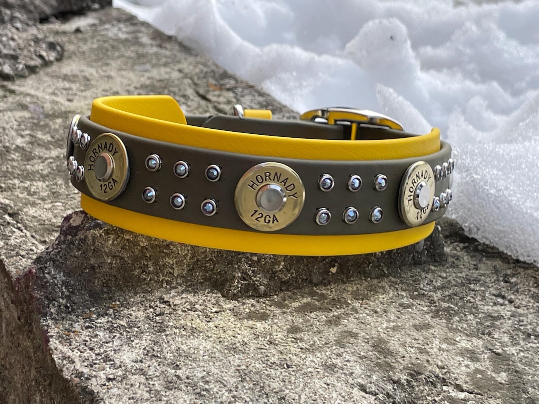 16.5 Bling Shotgun Shell Biothane Dog Collar in Olive Drab & Yellow ...