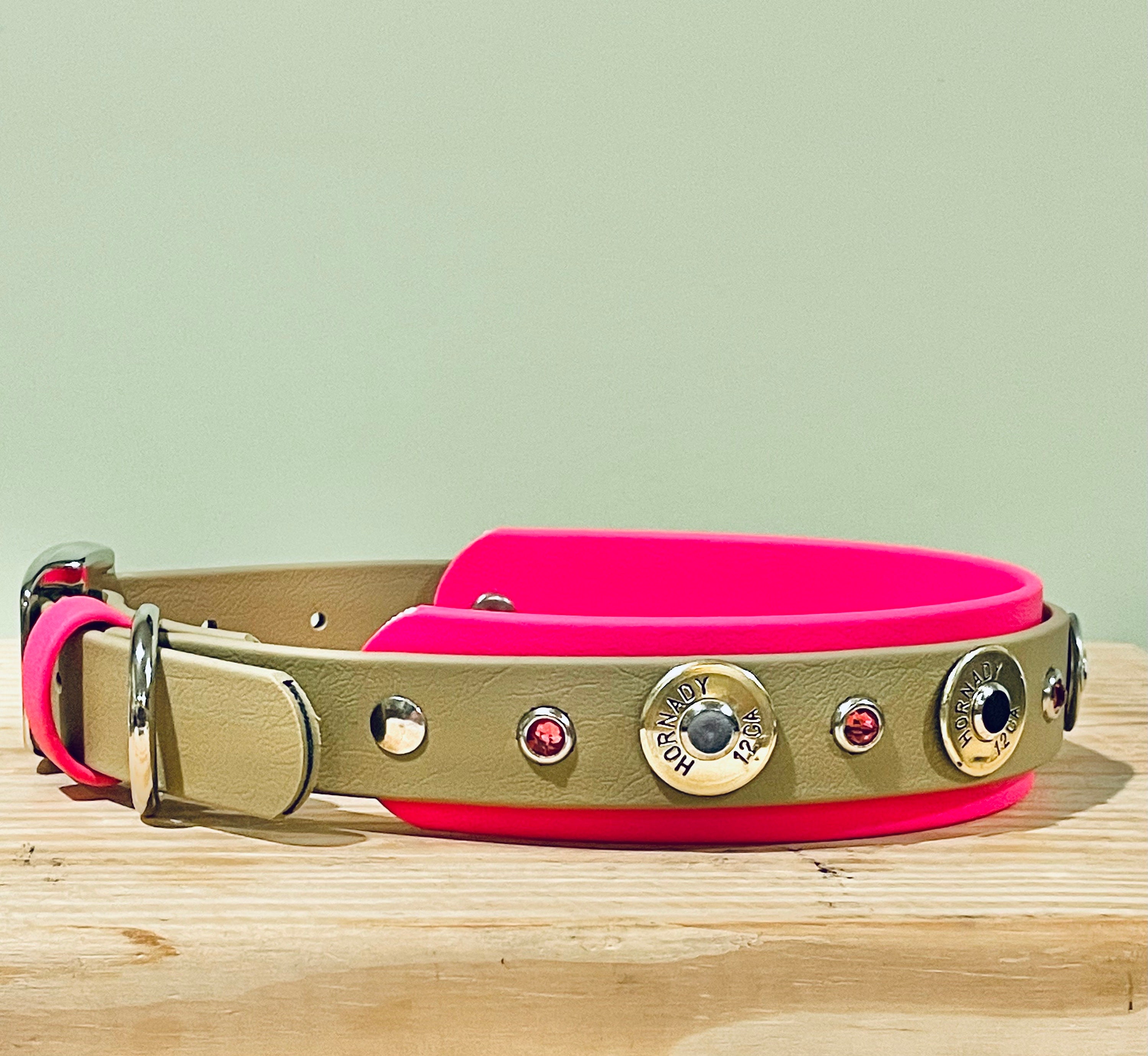 18.75 Shotgun Shell Bling Biothane Dog Collar in Tan & Pink, Premade ...