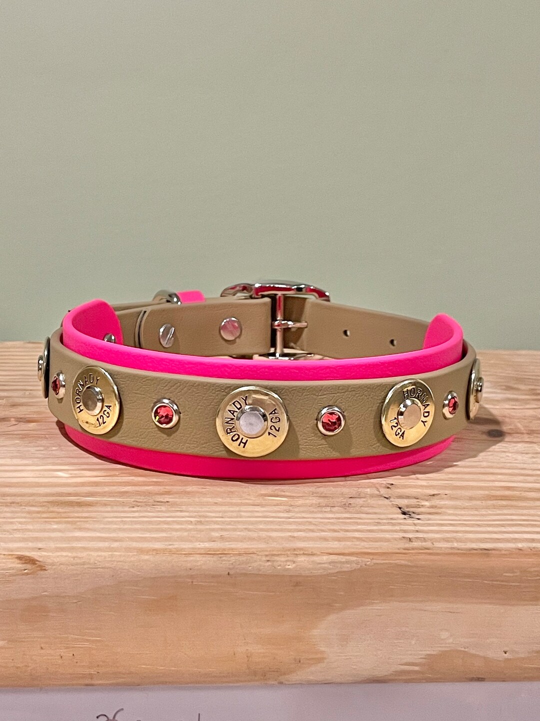 18.75 Shotgun Shell Bling Biothane Dog Collar in Tan & Pink, Premade ...