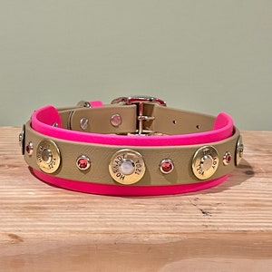 18.75” Shotgun Shell Bling Biothane Dog Collar in Tan & Pink, Premade ...