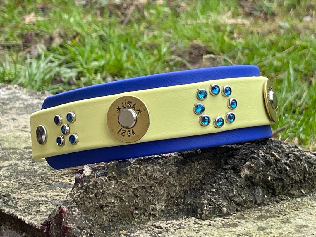 14.75” Bling Shotgun Shell Dog Collar in Yellow and Blue, Premade ...