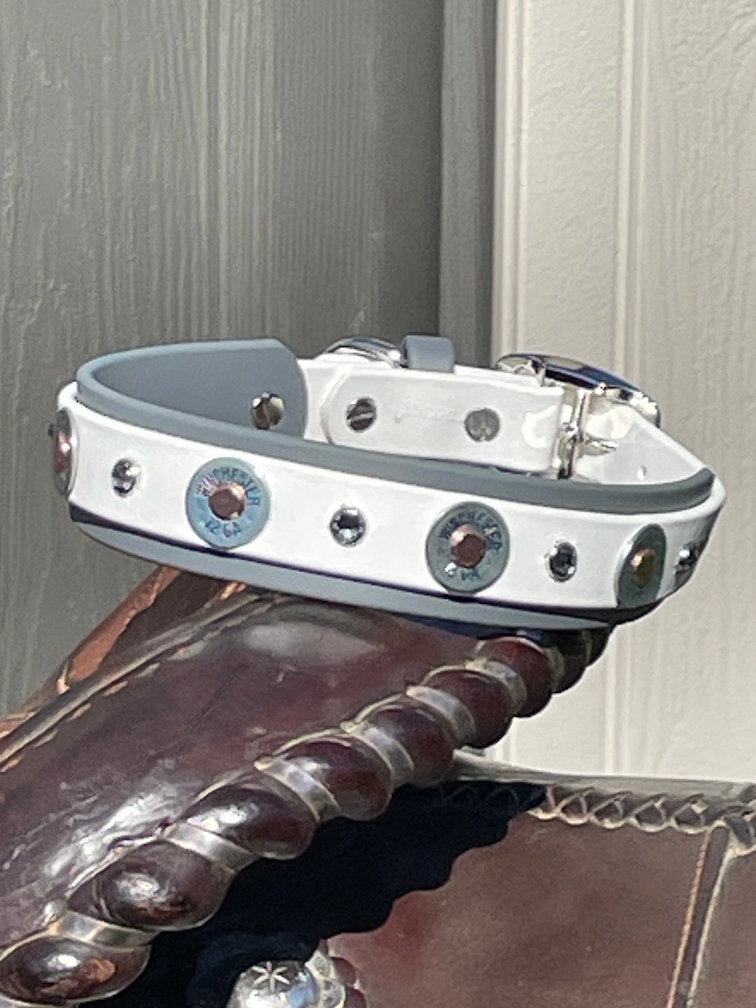 20” ‘cowboy’ Shotgun Shell Bling Biothane Dog Collar in White & Gray ...