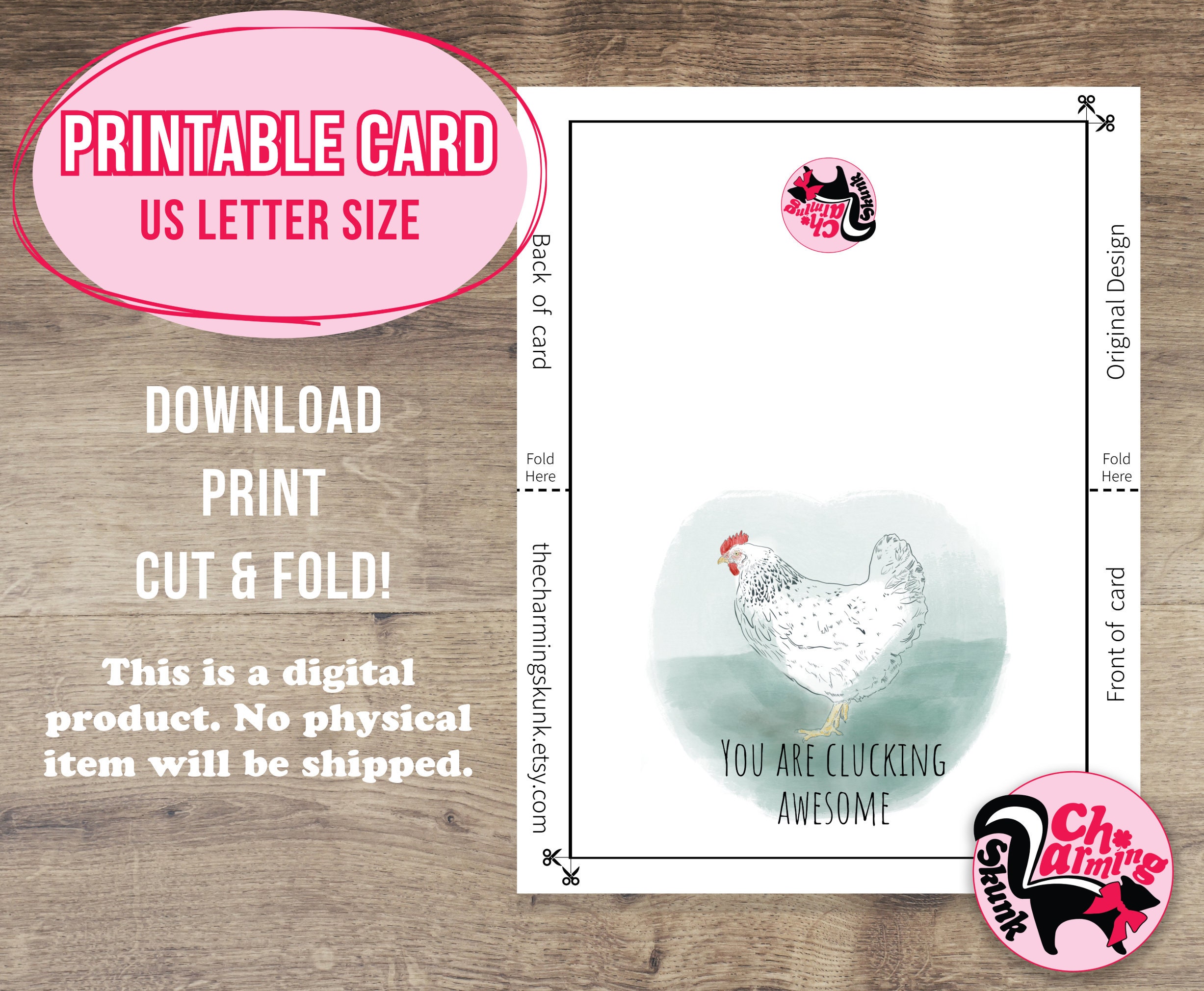 Printable Funny Chicken Greeting Card, Instant Download, 7 X 5" Digital ...