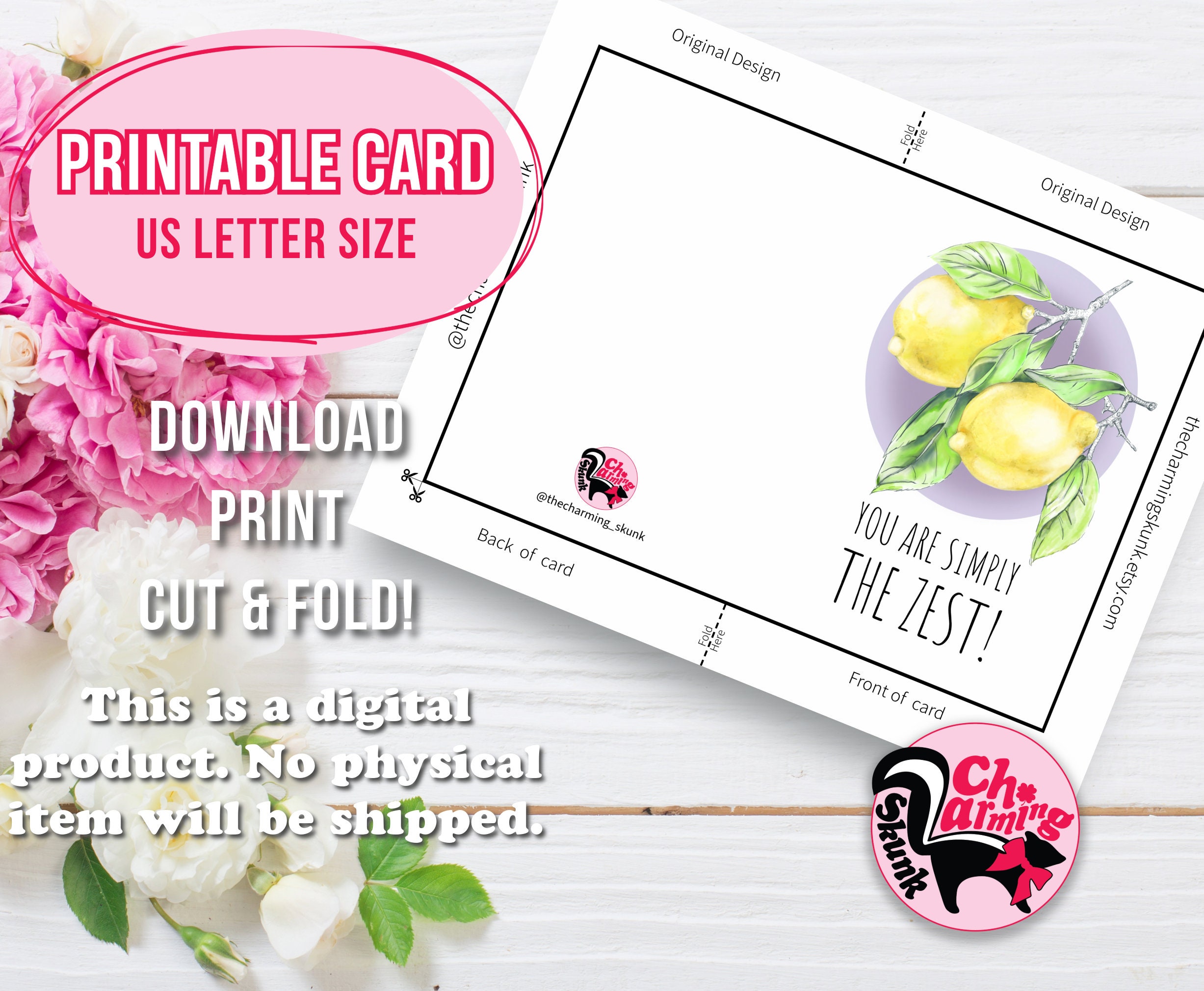 Printable Cute Lemon Thank You Card, Instant Download, 7 X 5" Digital ...