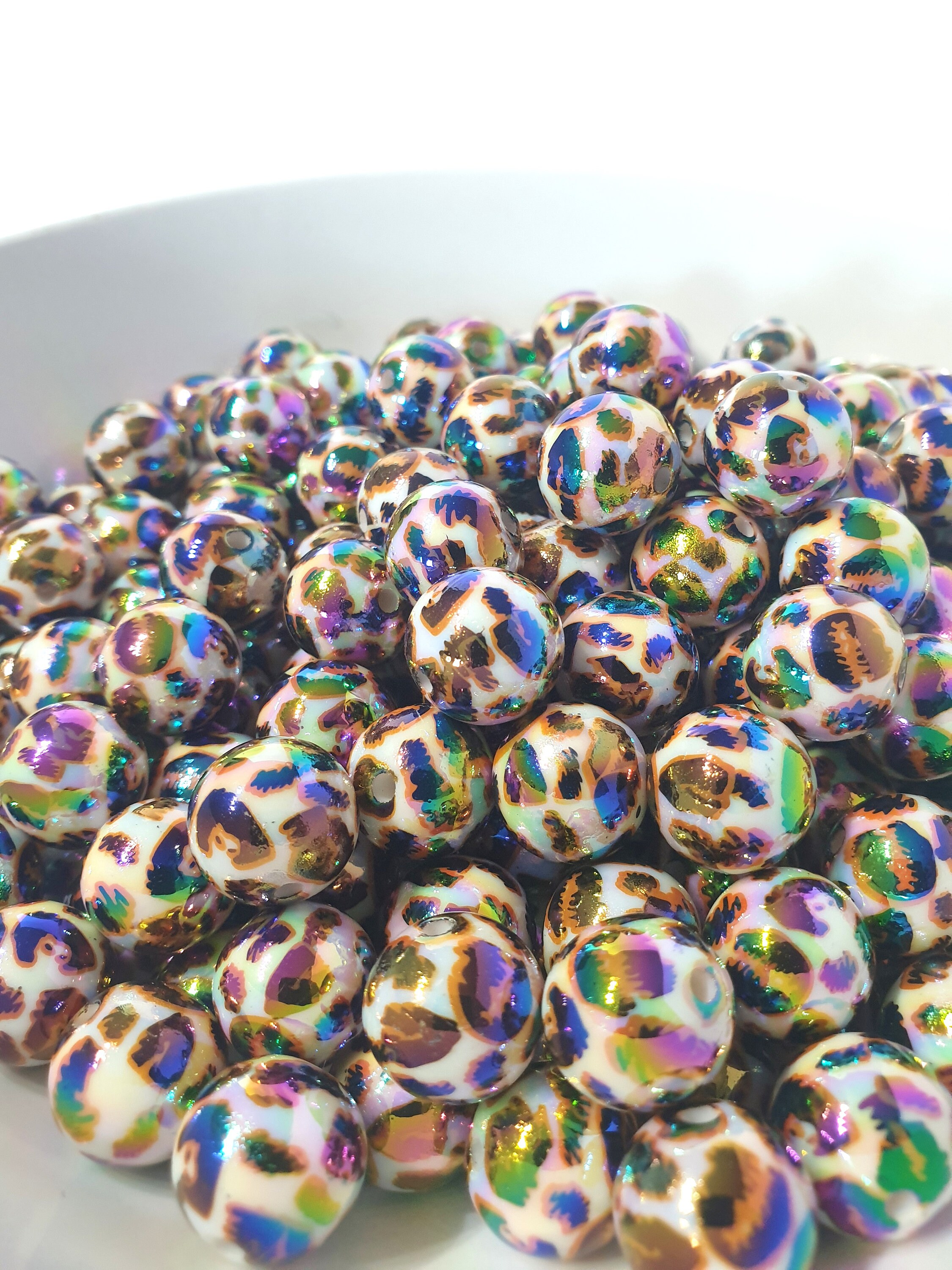 Leopard Print Beads. 16mm Round. With Rainbow UV Shine. Jewellery ...