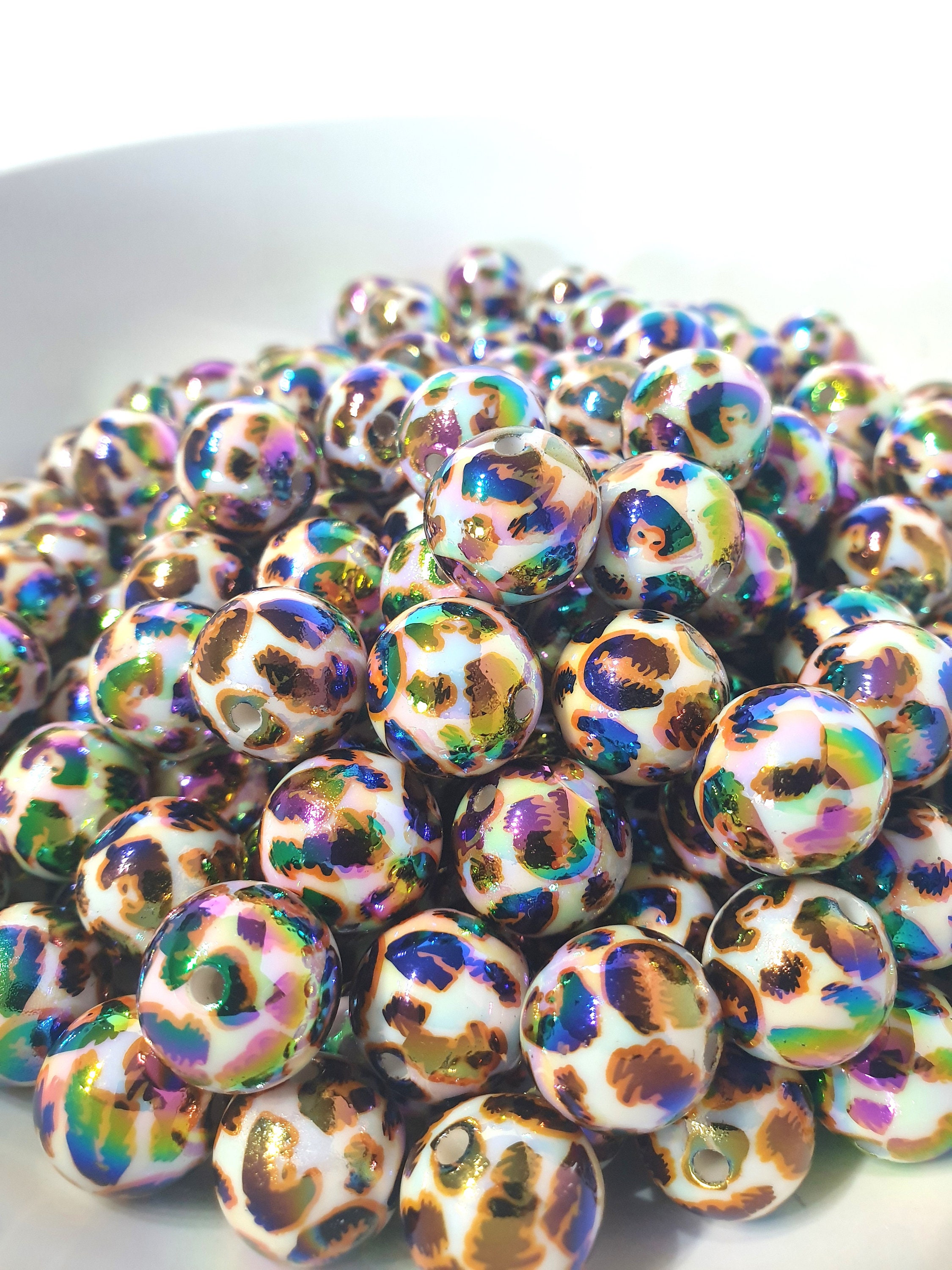 Leopard Print Beads. 16mm Round. With Rainbow UV Shine. Jewellery ...