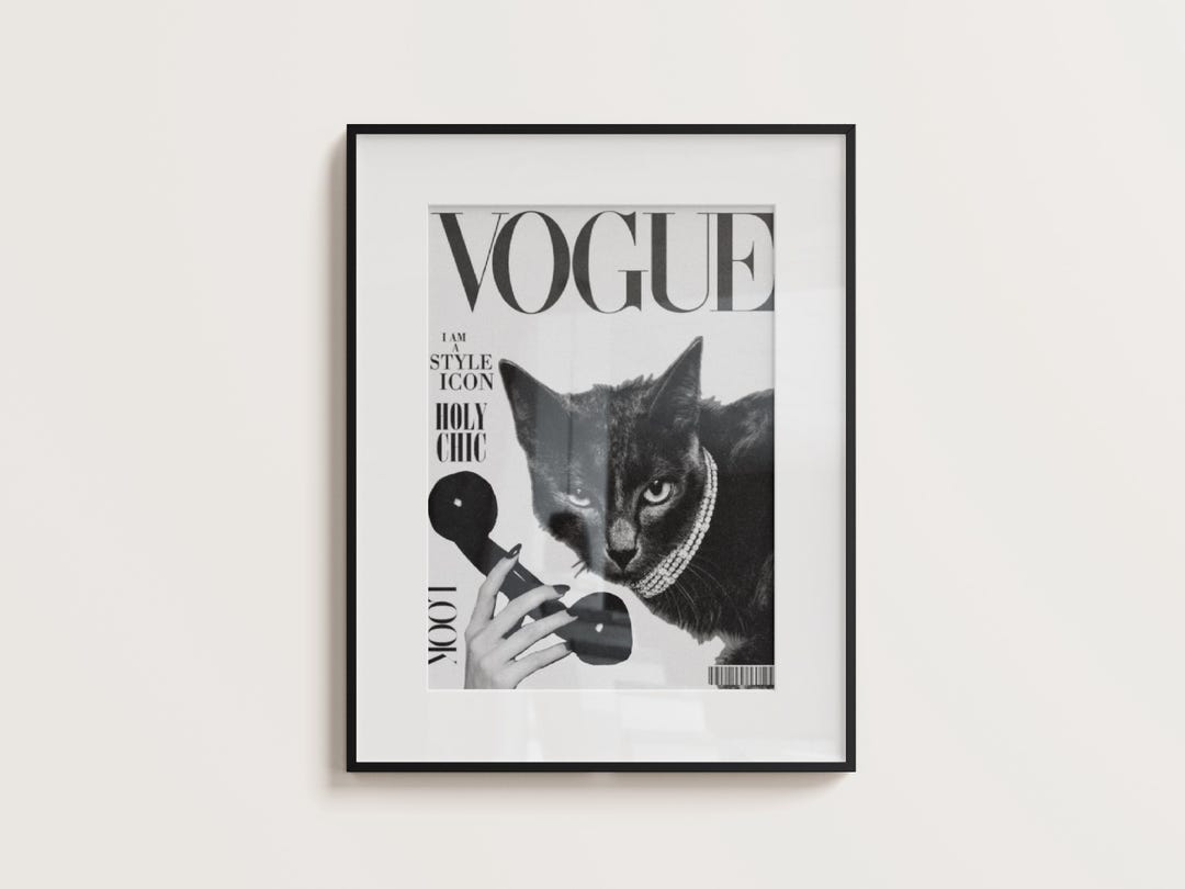 Vogue Cat Fashion Print, Chic Cat Wall Art, Retro Black and White ...
