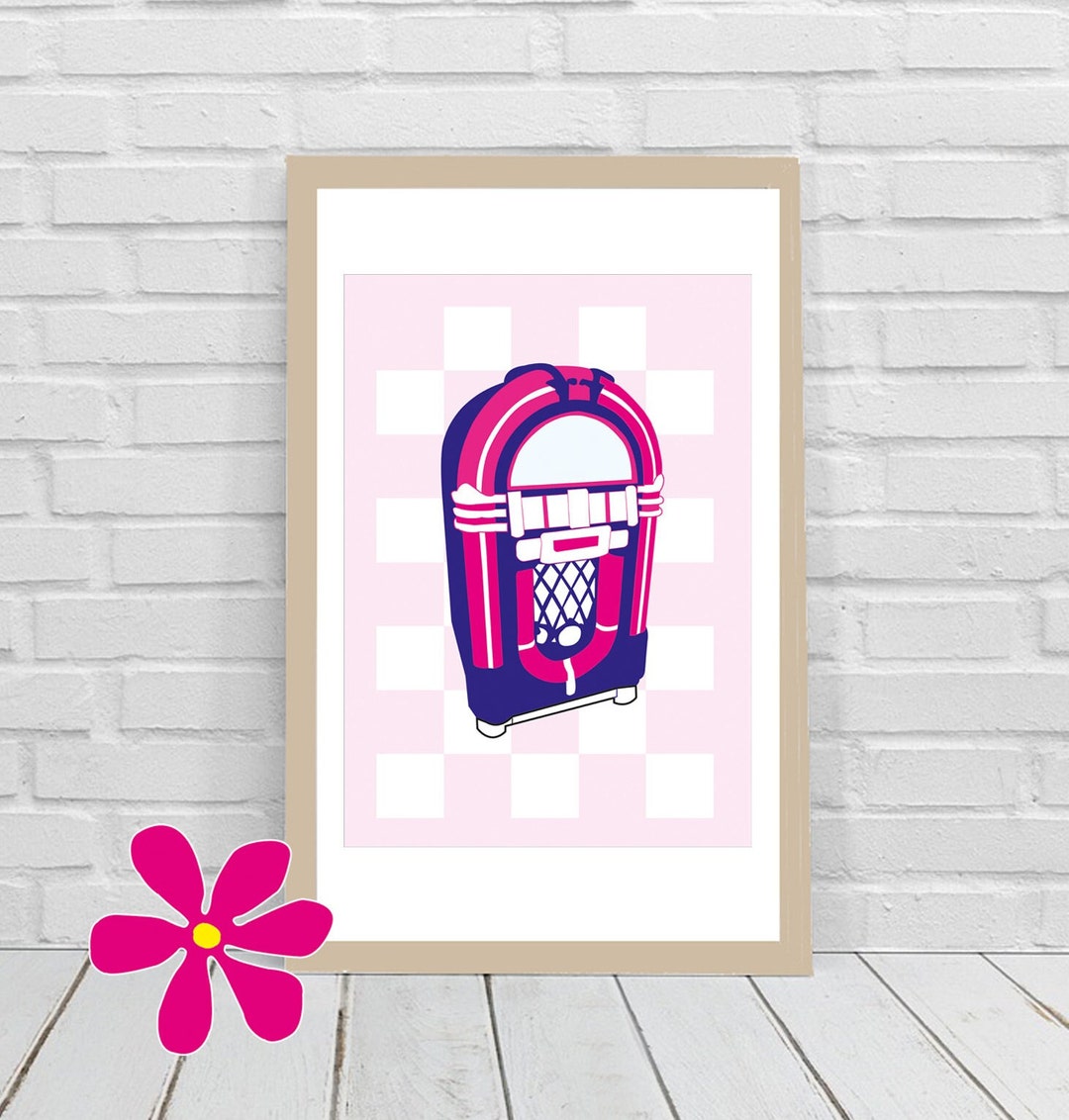 Retro Music Box Pink Wall Art Checkerboard Groovy Decor Poster Instant ...