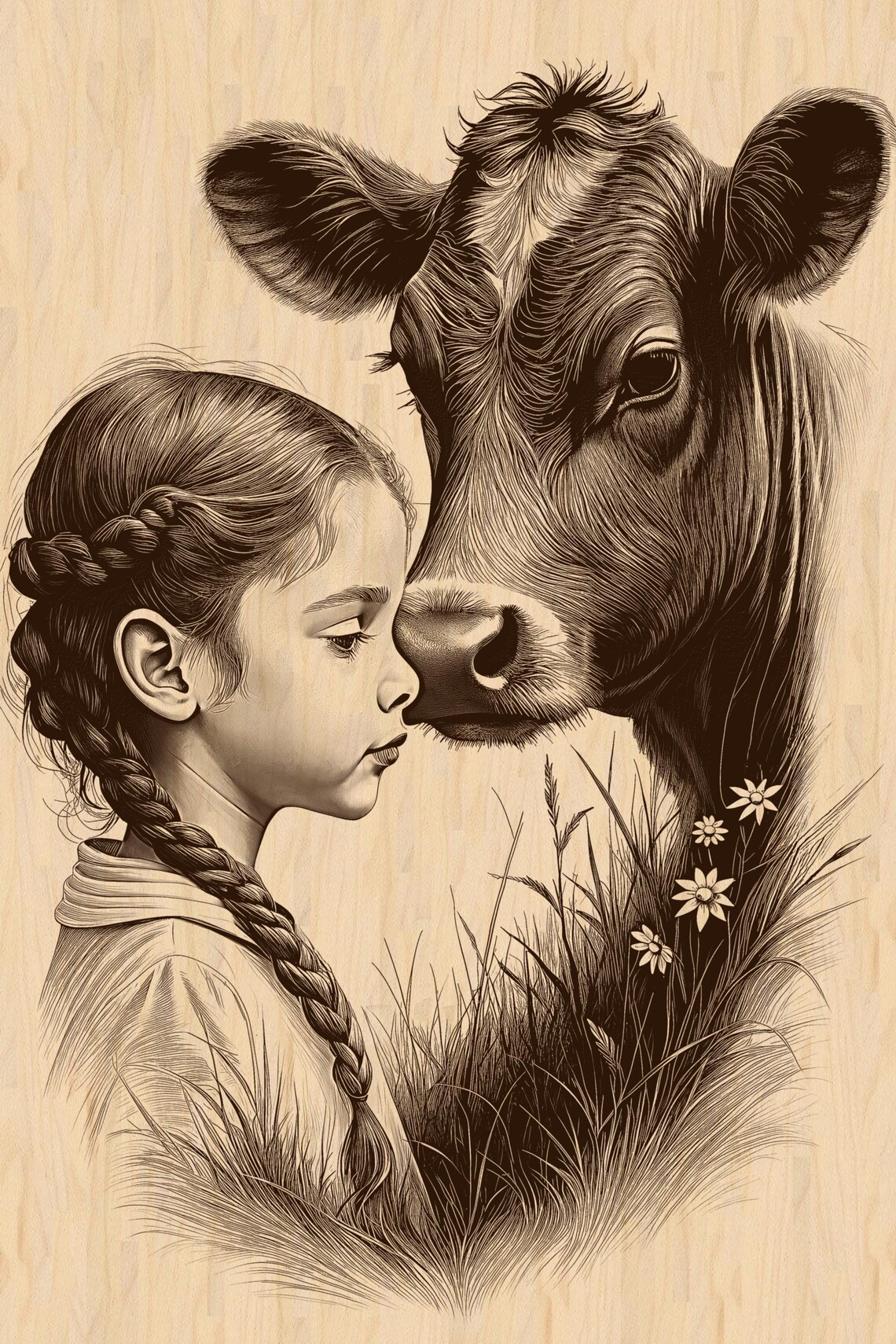 Girl With Cow Laser Engrave PNG File: Farm Nature Art (digital Download ...