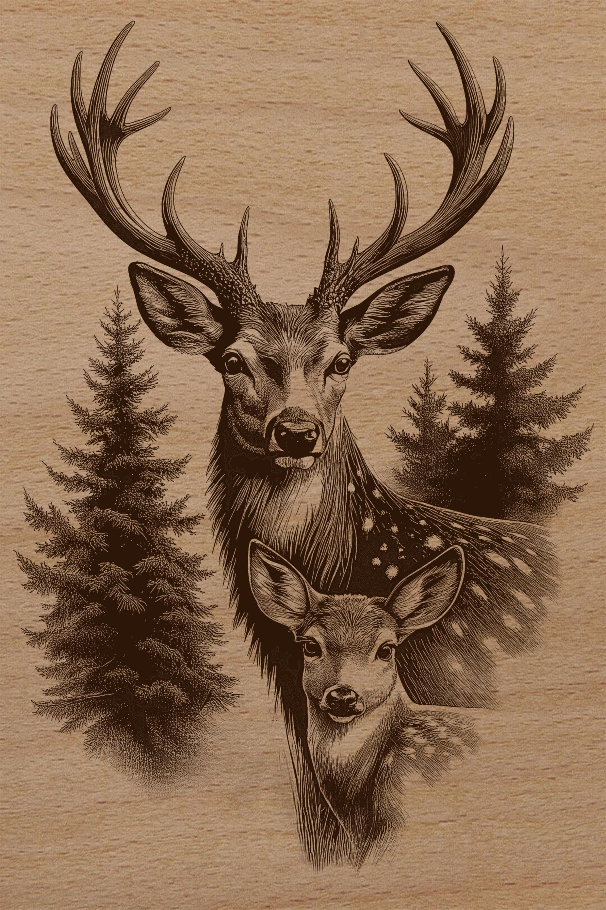 Stag and a Doe in Forest Laser Engrave PNG File (digital Download ...