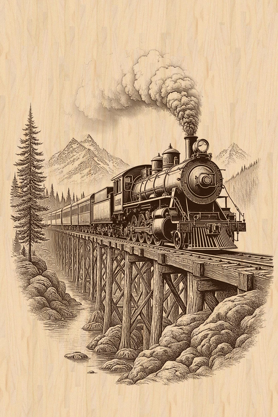 Steam Locomotive Mountain Landscape Laser Engrave PNG File: Nature Art ...