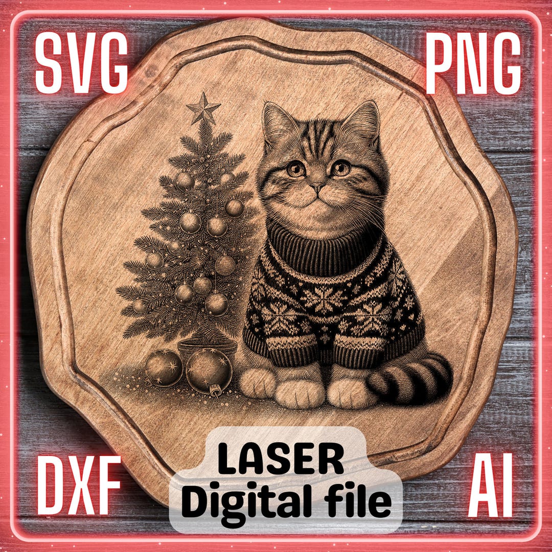 Christmas Cat | Laser Engrave File PNG SVG Coasters, Charcuterie Board ...