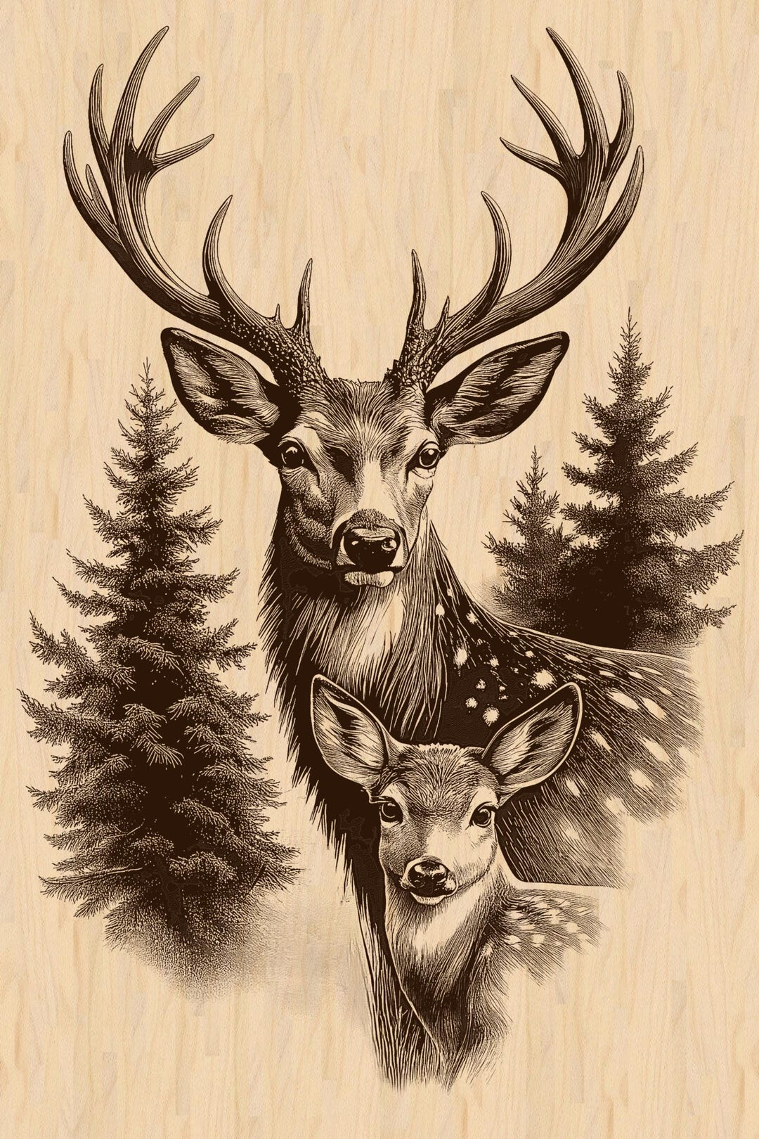 Stag and a Doe in Forest Laser Engrave PNG File (digital Download ...