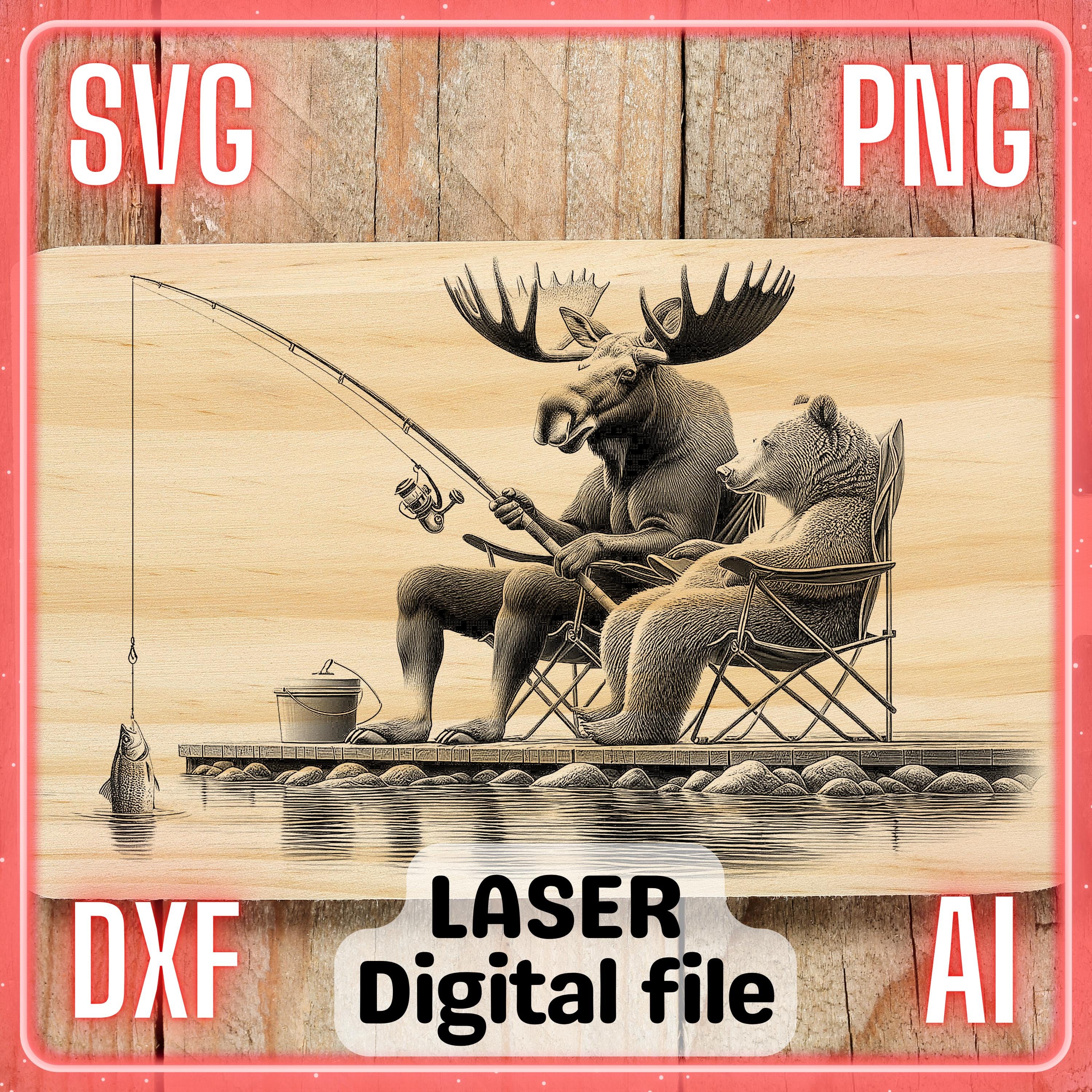 Moose and Bear Fishing Lake Pier: Laser Engrave File (digital Download ...