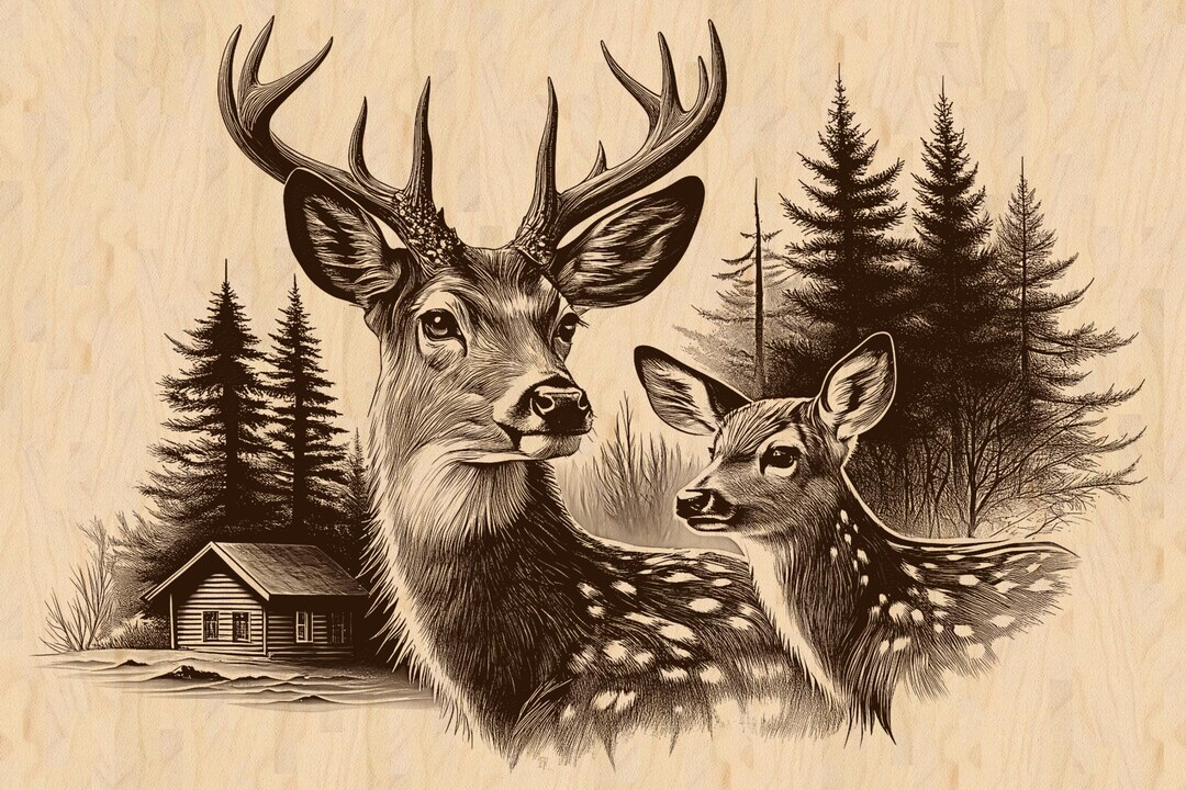 Stag and Doe Laser Engrave PNG | Wildlife Scene (digital Download) - Etsy