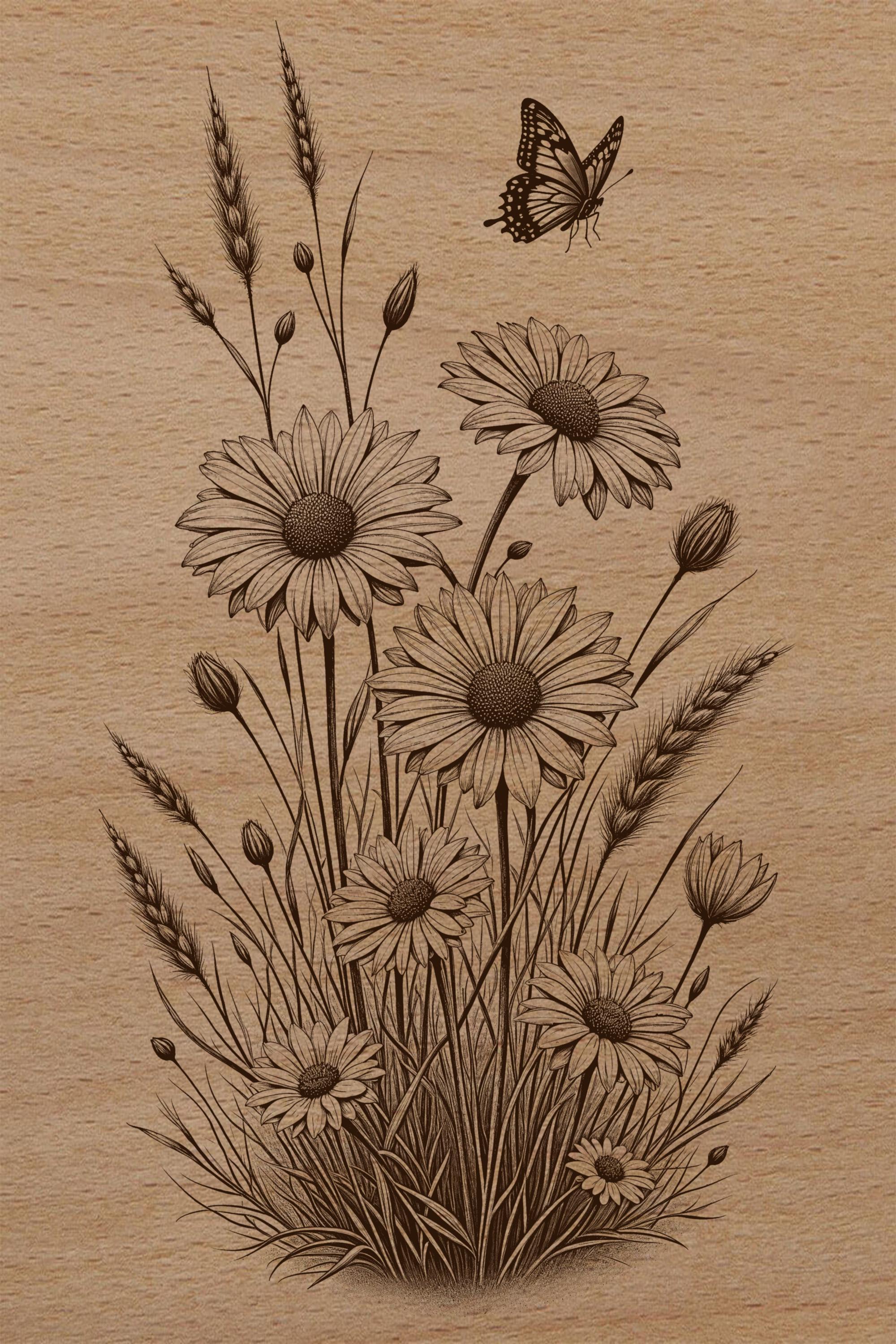 Flowers and Butterfly Laser Engrave PNG File: Floral Art (digital ...