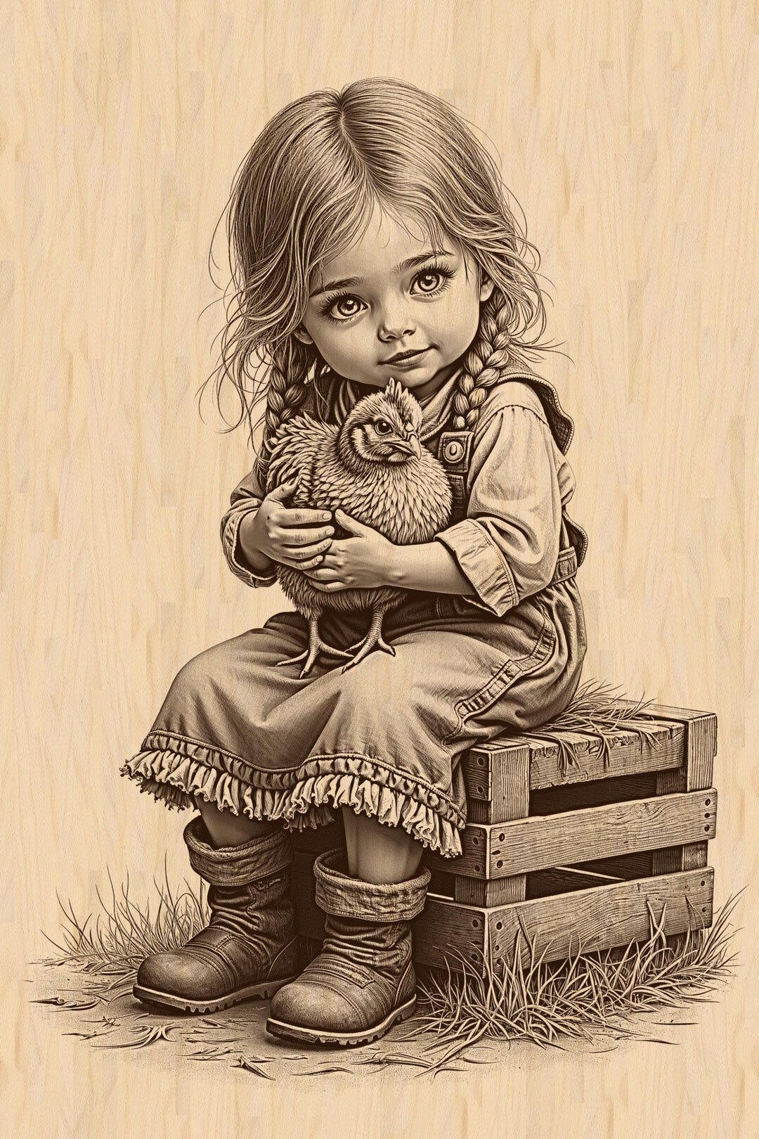 Girl and Small Chicken Laser Engrave PNG File: Farm Nature Art (digital ...