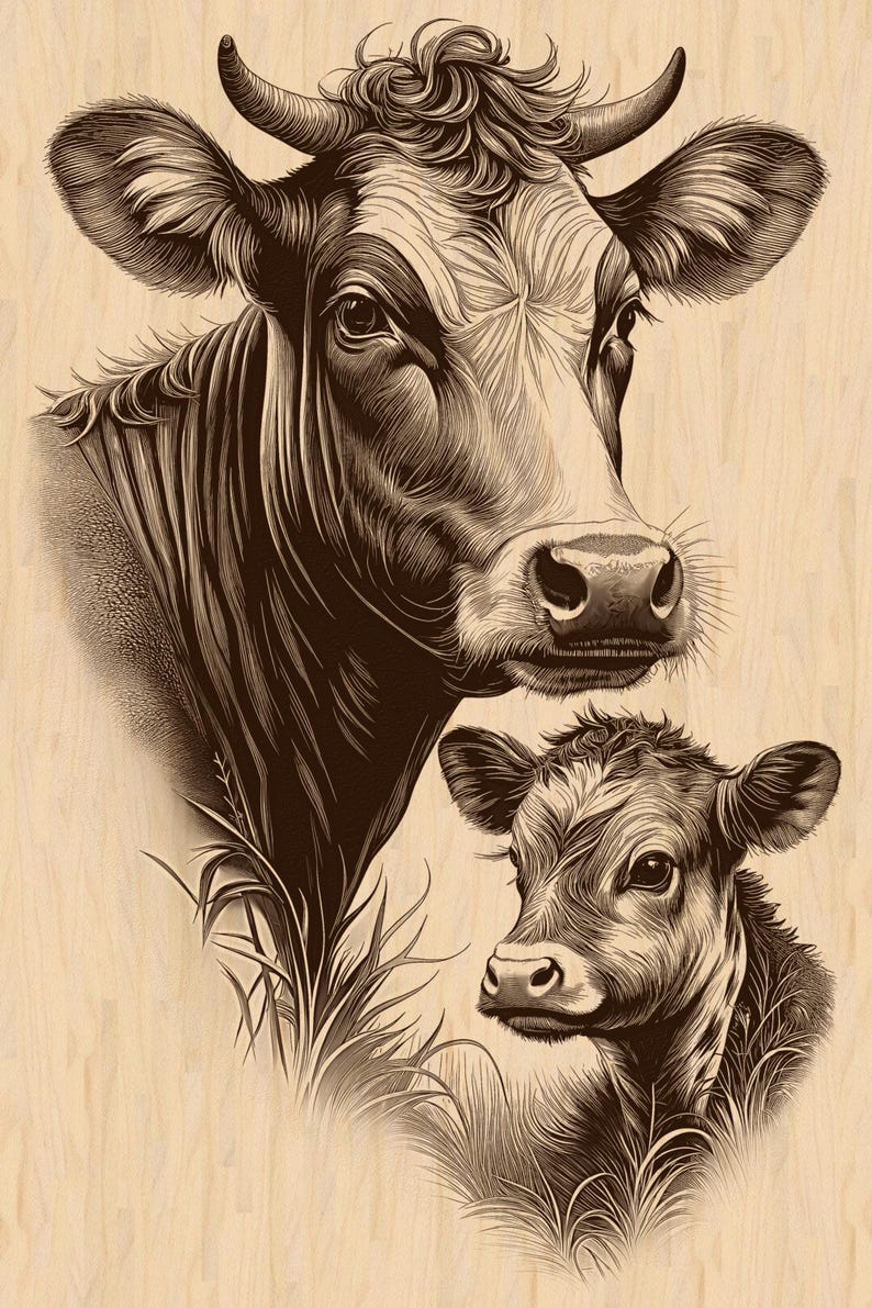 Cow With Her Calf Laser Engrave PNG File: Farm Nature Art (digital ...