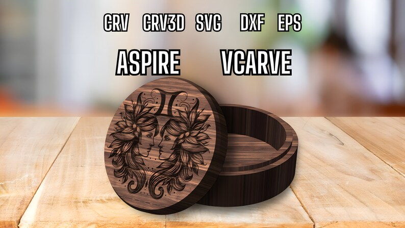 Wooden V-carved Round Jewelry Box With Gemini Zodiac Sign Digital Files for Vectric Aspire and ...