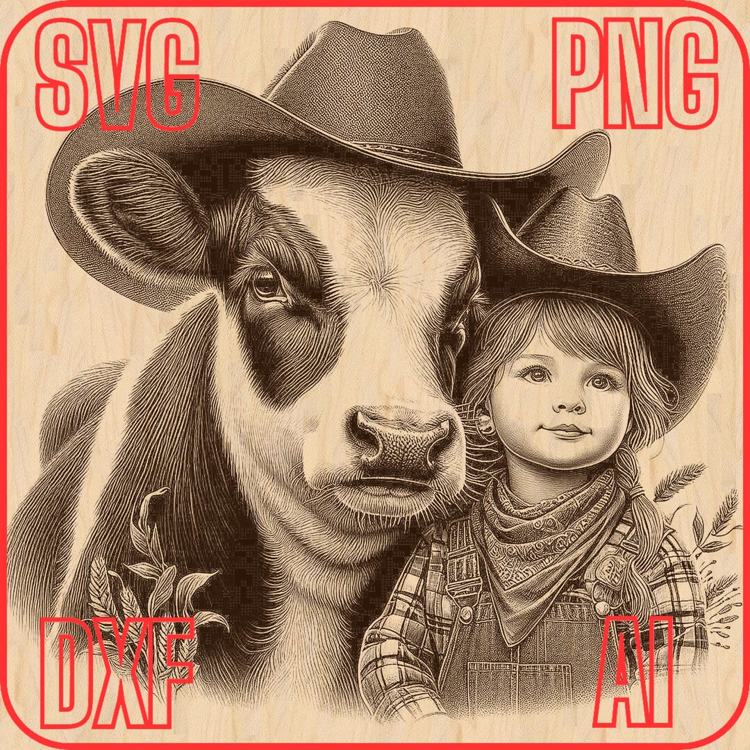 Cow With Cute Girl | Laser Engrave Digital File PNG SVG for Wood ...