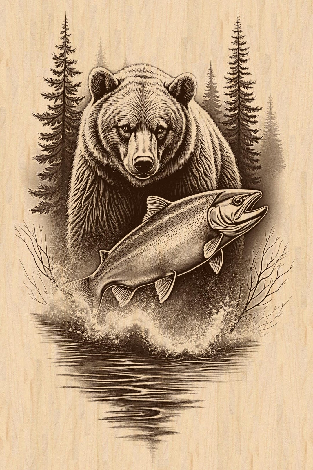 Bear and Leaping Salmon Laser Engrave PNG File (digital Download ...